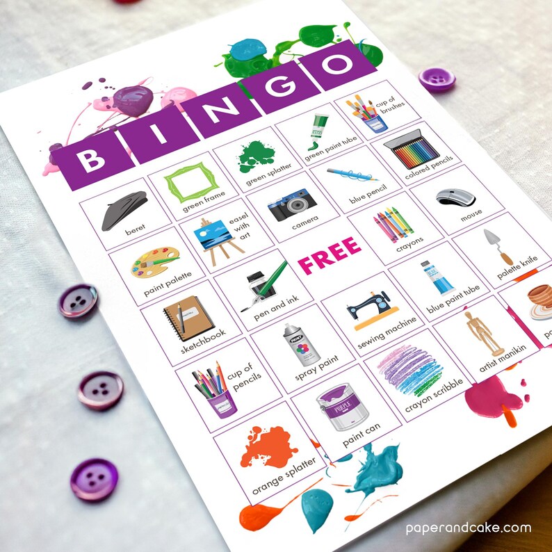 Art Bingo PRINTABLE Game, 40 Unique Cards, Brushes and Paint >> Instant ...
