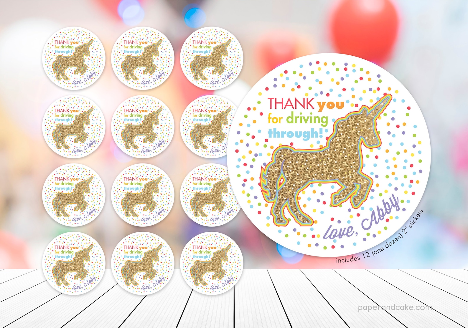 Unicorn Rainbow Favor Stickers, Gold Sparkle Birthday Party Stickers, 2 ...