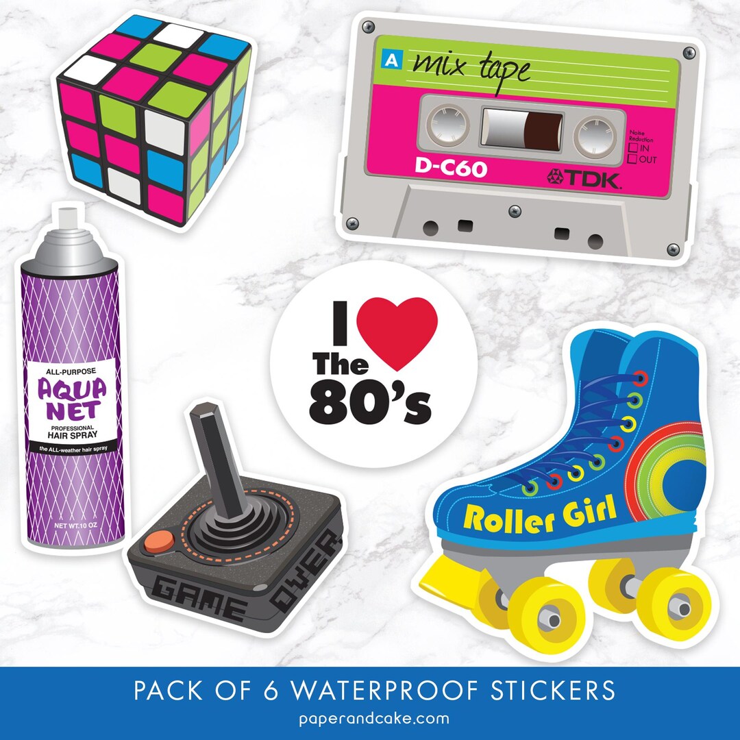 6 80s Stickers, Roller Skate, Cassette, 1980 Waterproof Sticker Pack of ...