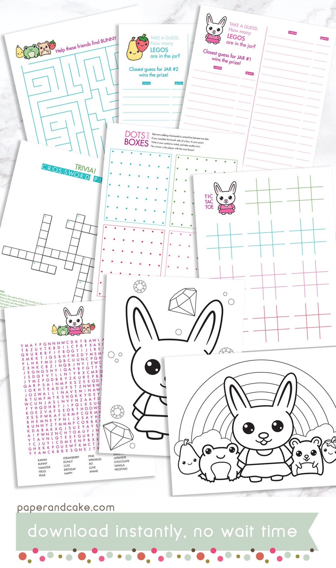 Cute Kawaii PRINTABLE Games Activities Bundle, Easy Birthday Party ...