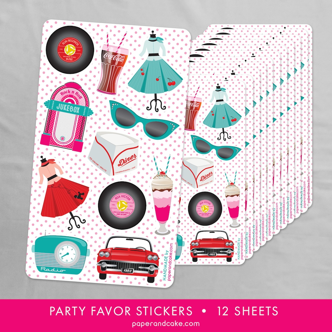 12 1950s Sticker Sheets | Party Favors | Sock Hop Stickers >> Shipped ...