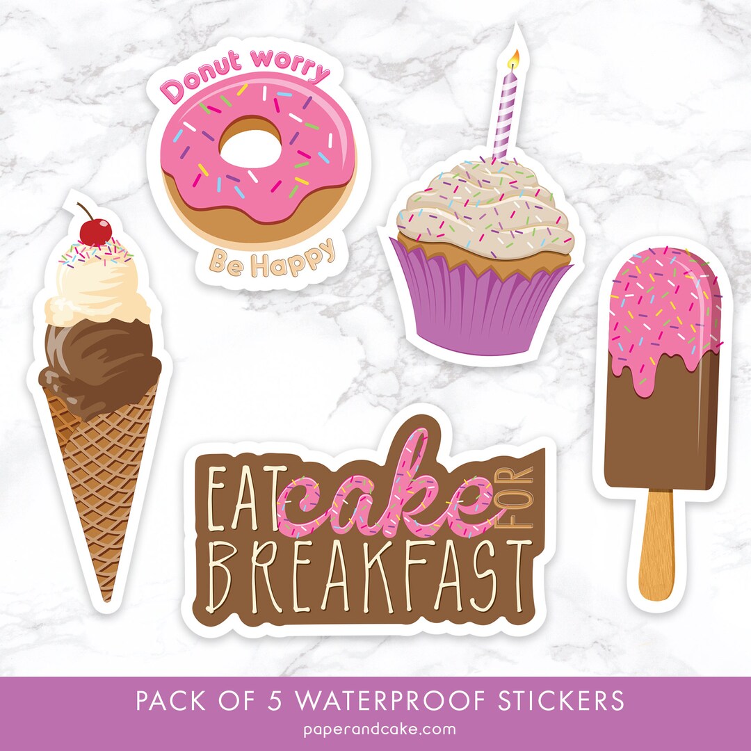 5 Sweets Stickers, Donut, Ice Cream, Cupcake Waterproof Sticker Pack of ...