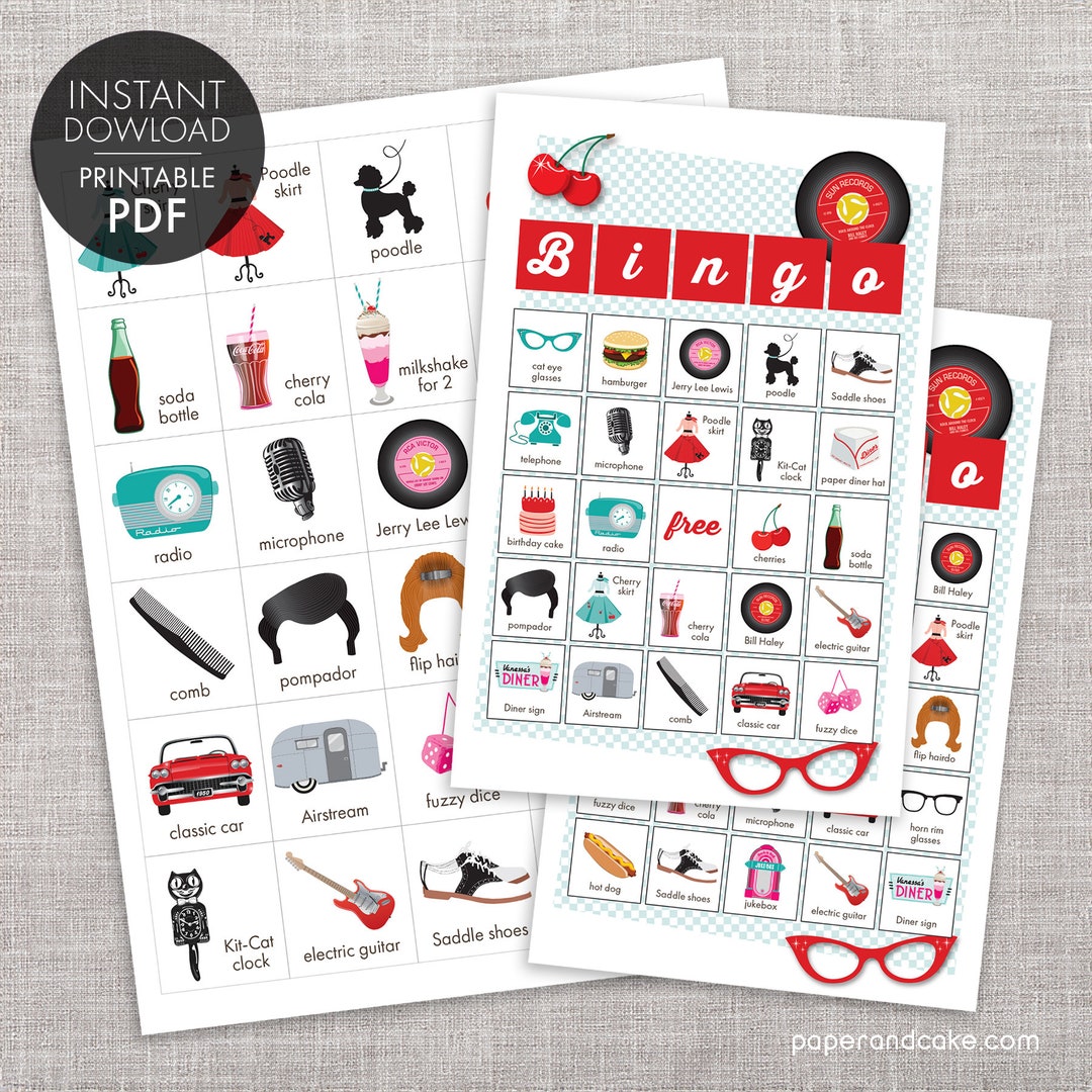 1950s Bingo PRINTABLE Game, 40 Unique Cards, Sock Hop Diner >> Instant ...