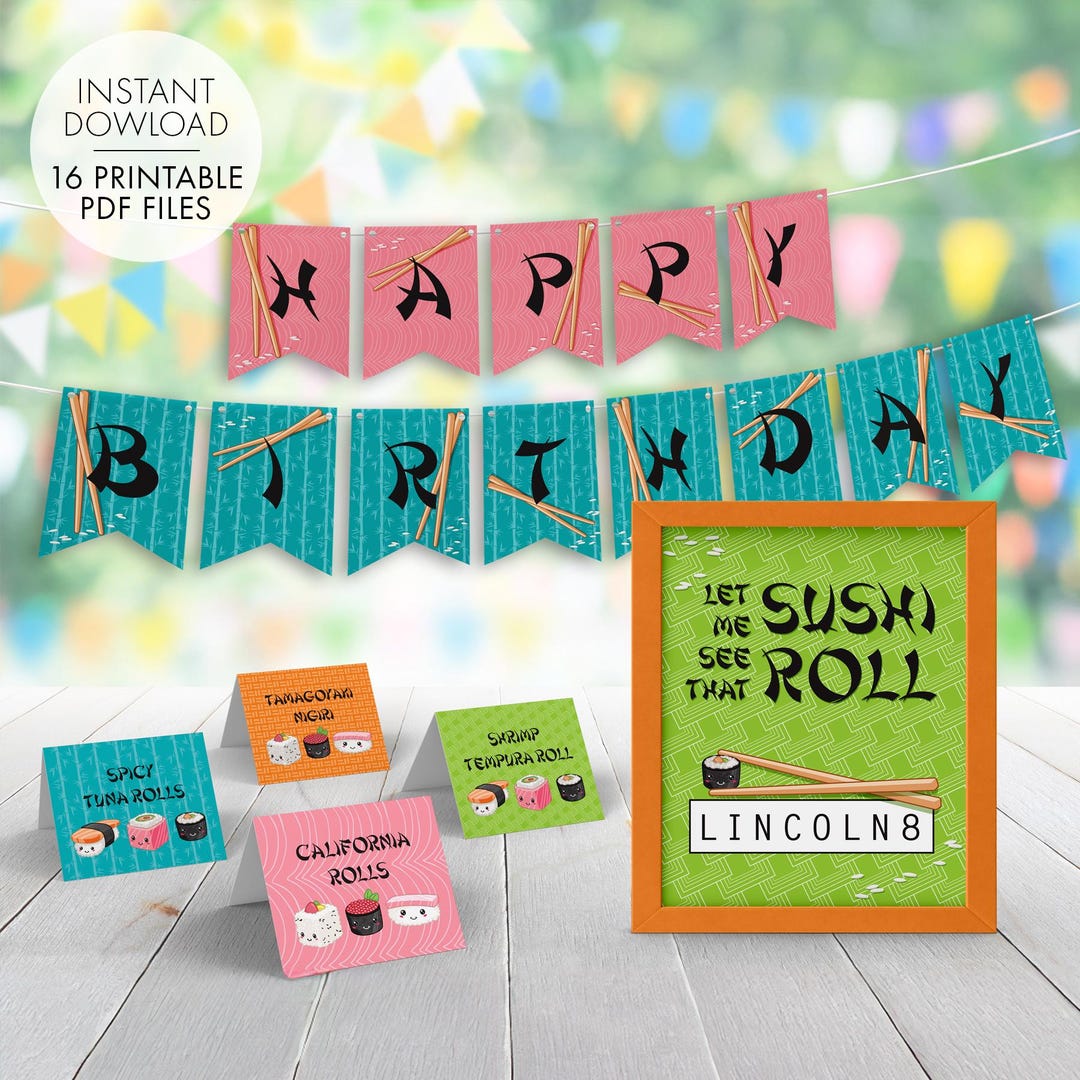 Sushi PRINTABLE Party Decorations, Cute Kawaii I Love Sushi Birthday ...