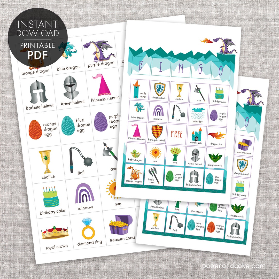 Dragons Bingo PRINTABLE Game, 40 Unique Cards, Medieval Knights ...