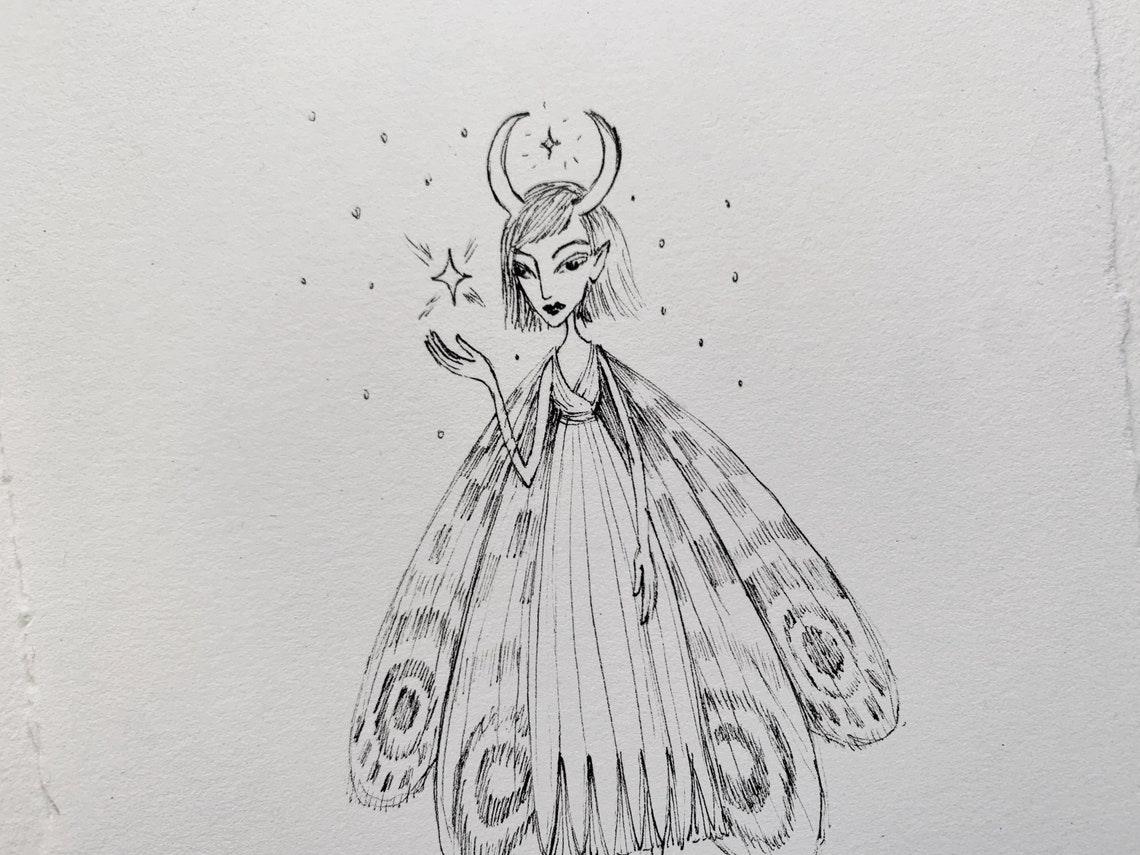 Fairy Ink Illustration, Original Art, Moon Start Moth Faery - Etsy