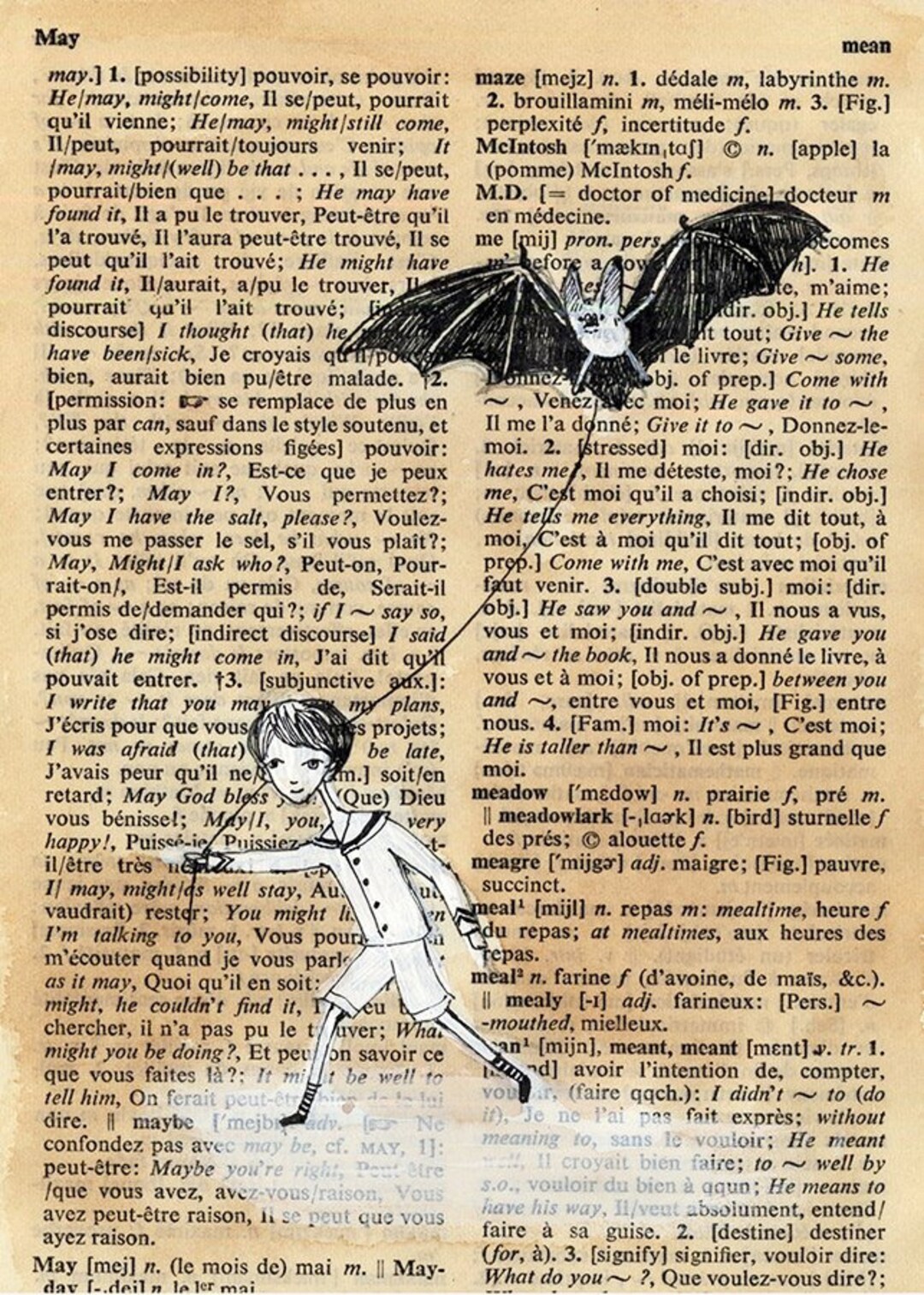 Edward Gorey Style Boy and Bat Print on Dictionary Page, Pen & Paint ...