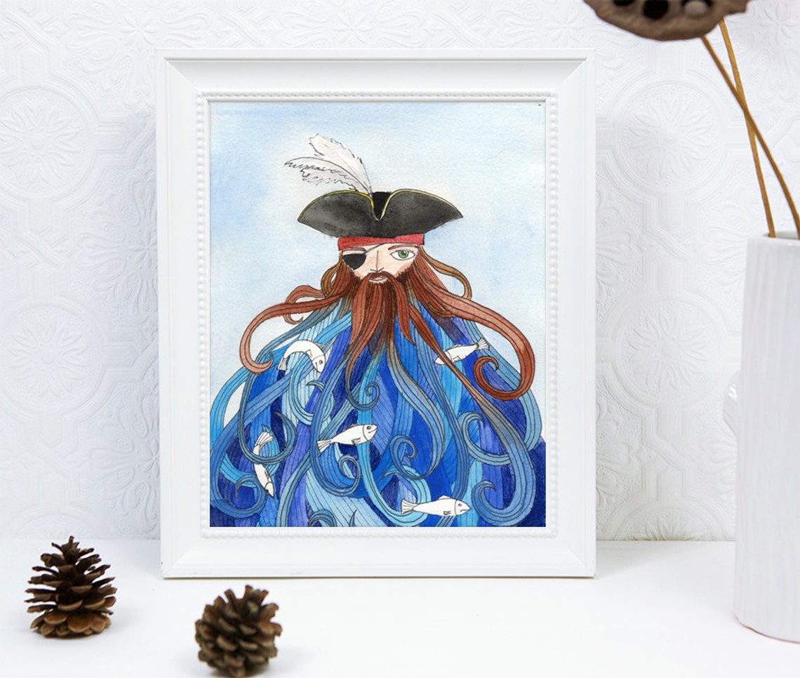 Pirate Illustration - Art Print, Watercolor, Tangled Beard, Captain of ...