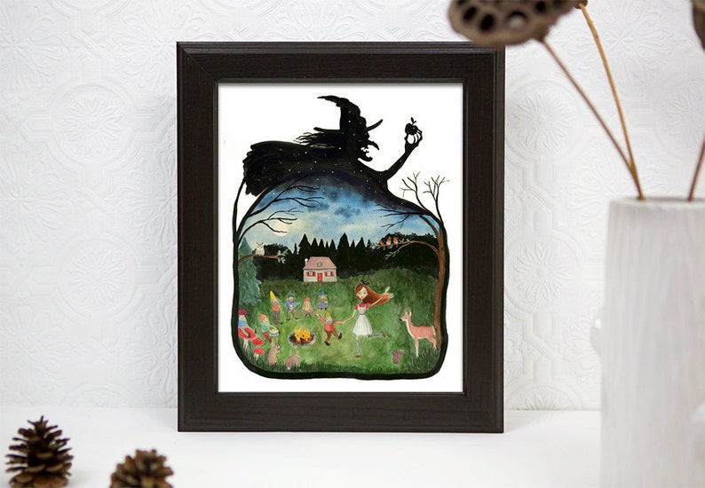 Watercolor Illustration - Snow White Vs Witch, Fairy Tale, Silhouette ...