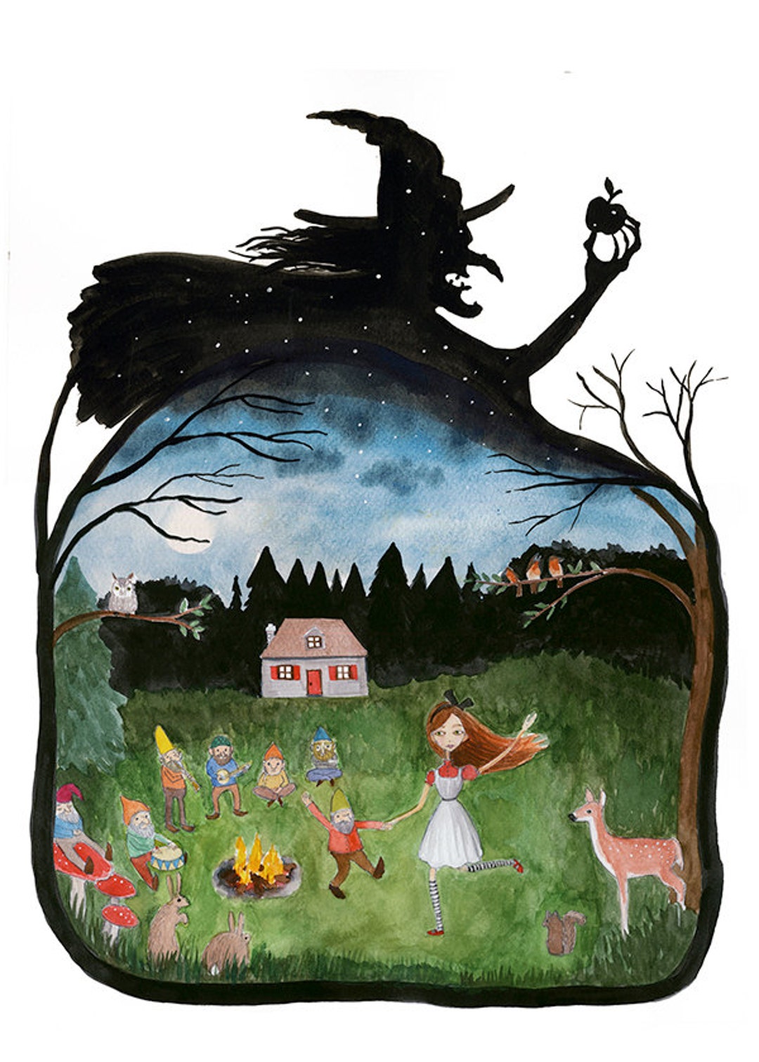 Snow White Vs Witch, Watercolor Illustration, Fairy Tale, Silhouette ...