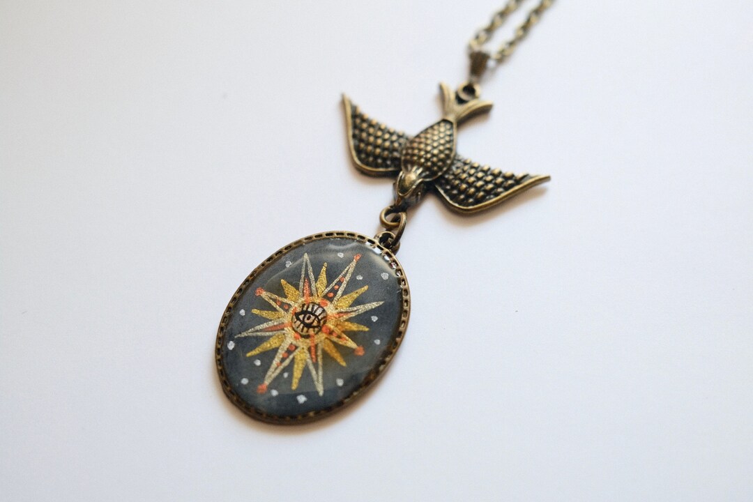 Hand Painted Star Compass Necklace – Bird Charm Pendant, Unique Jewelry ...