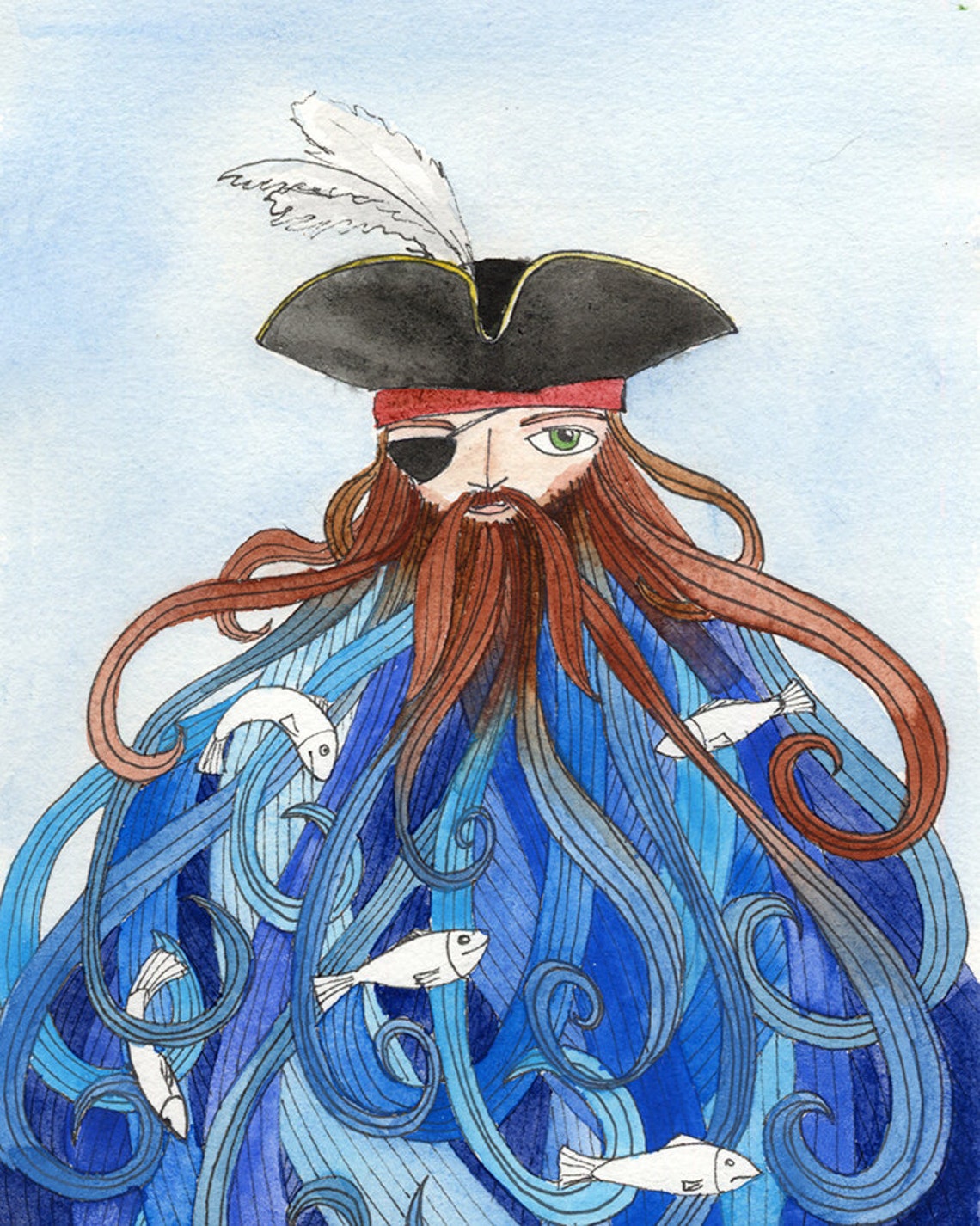 Pirate Illustration Art Print Watercolor Tangled Beard - Etsy