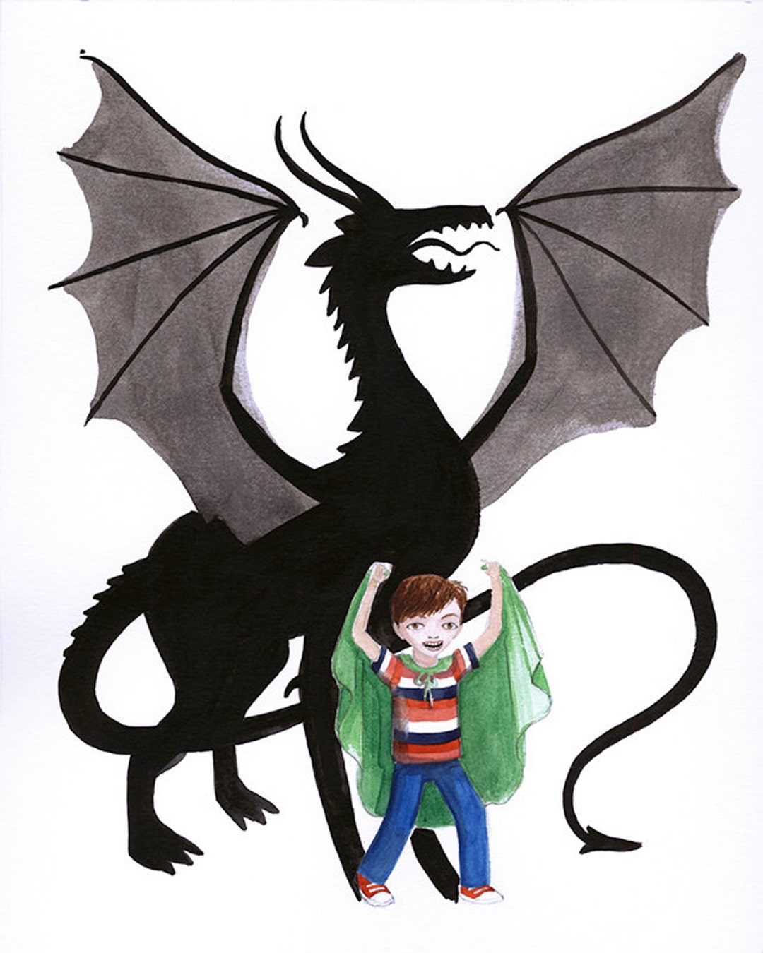 Boy Pretends to Be Dragon - Art Print, Illustration, Watercolor, 8x10 ...