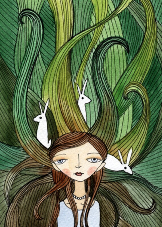 Rabbits in My Tangled Hair Watercolor Illustration PRINT | Etsy