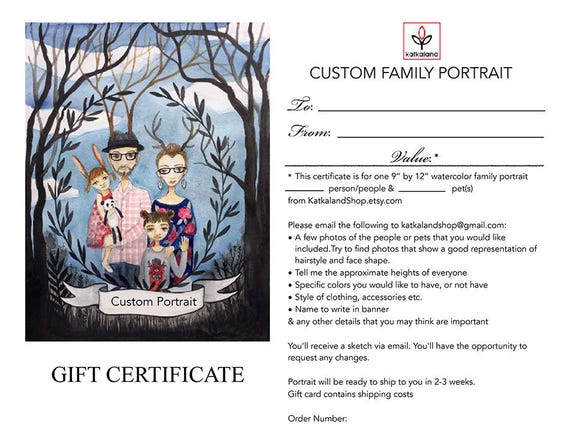 Gift Certificate Custom Family Portrait Watercolor Portrait | Etsy