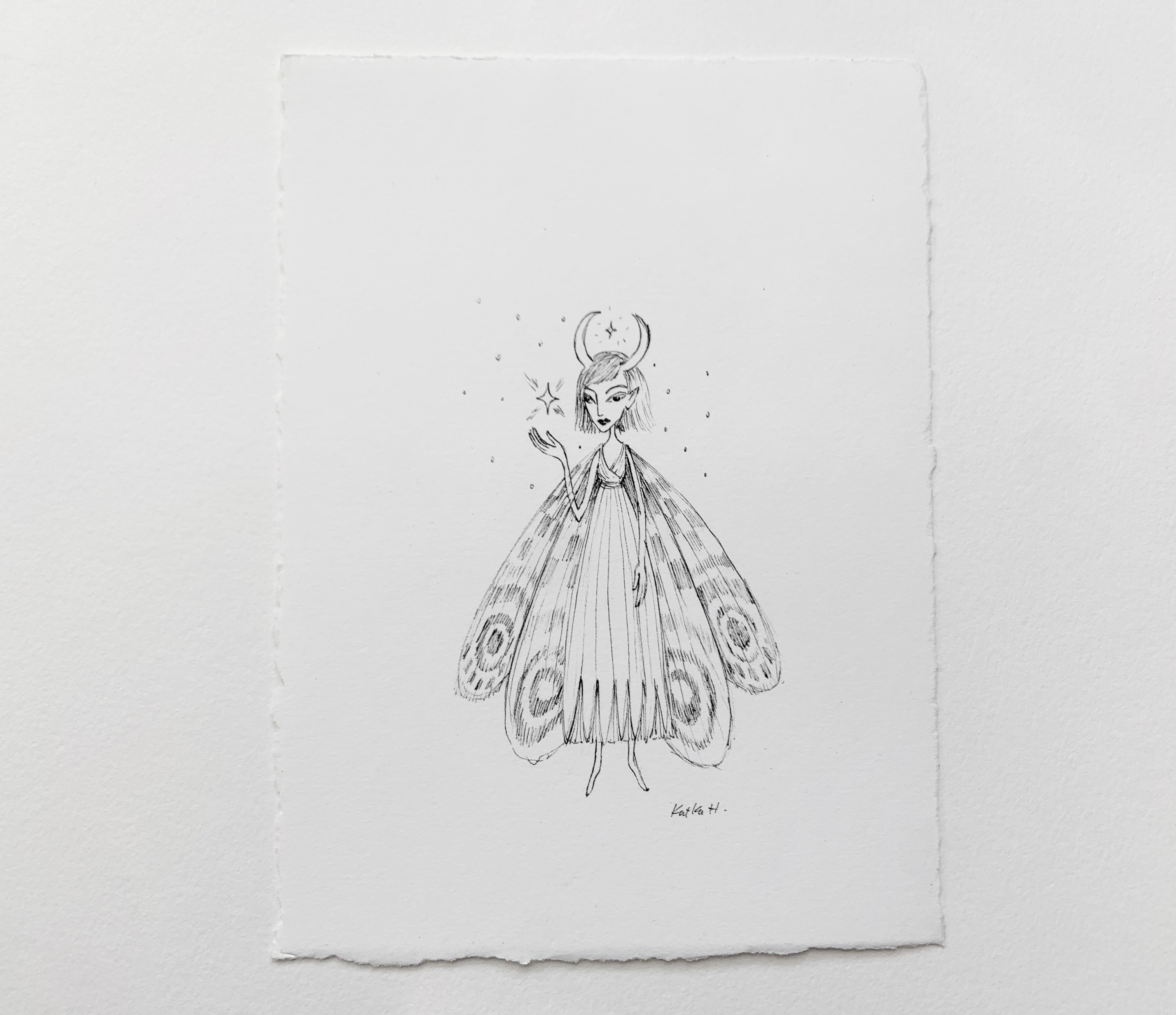 Fairy Ink Illustration, Original Art, Moon Start Moth Faery - Etsy