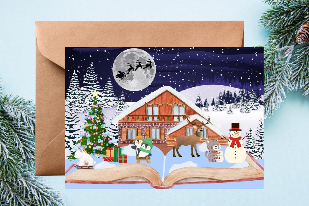 North Pole Storybook Scene Holiday Christmas Print Greeting Card - Etsy