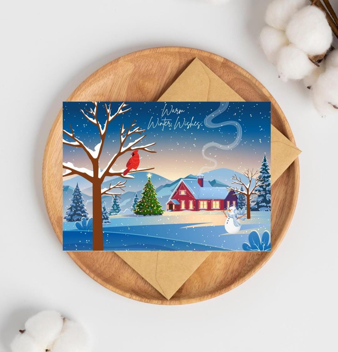 Cozy Lodge Winter Scene Card Snowy Forest Red Cardinal Winter Magic ...