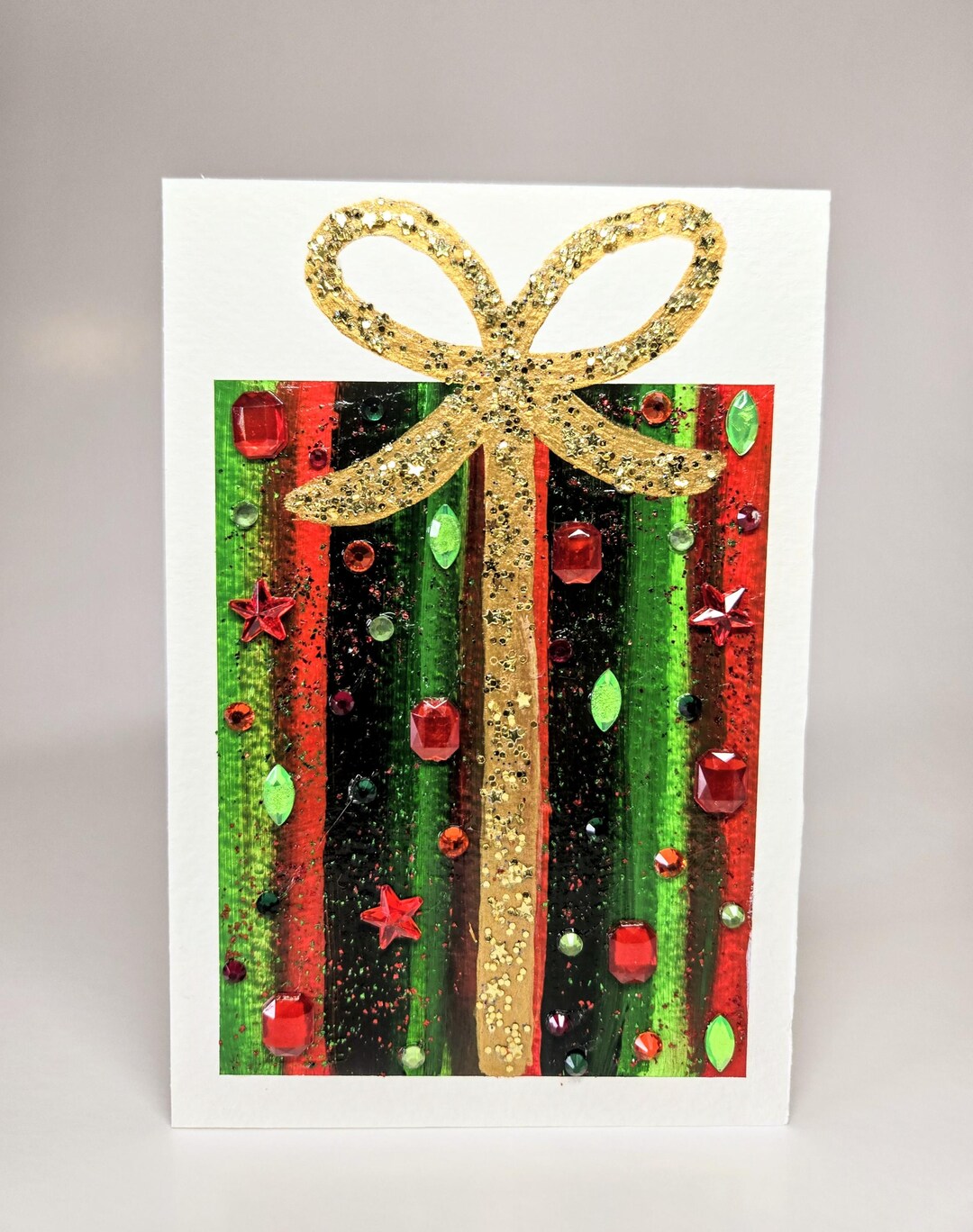 Bejeweled Christmas Present Hand Painted Red Green Gold Bedazzled ...