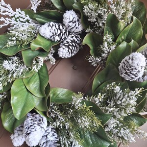 Winter Magnolia Wreath, Flocked Juniper Wreath With Flocked Pinecones ...