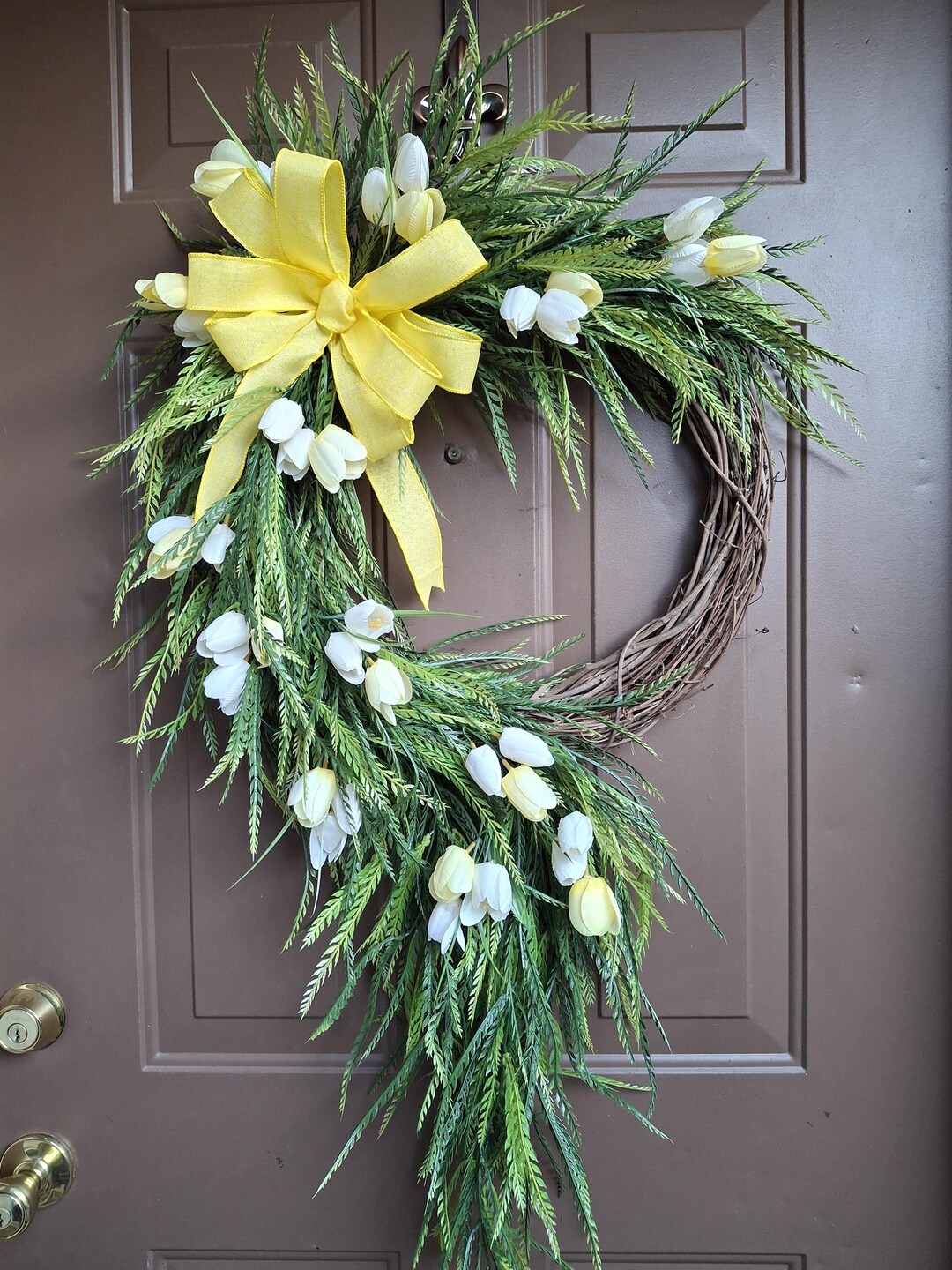 Cascading Sawgrass Greenery Front Door Wreath With Yellow Ribbon ...