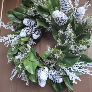 Winter Magnolia Wreath, Flocked Juniper Wreath With Flocked Pinecones ...