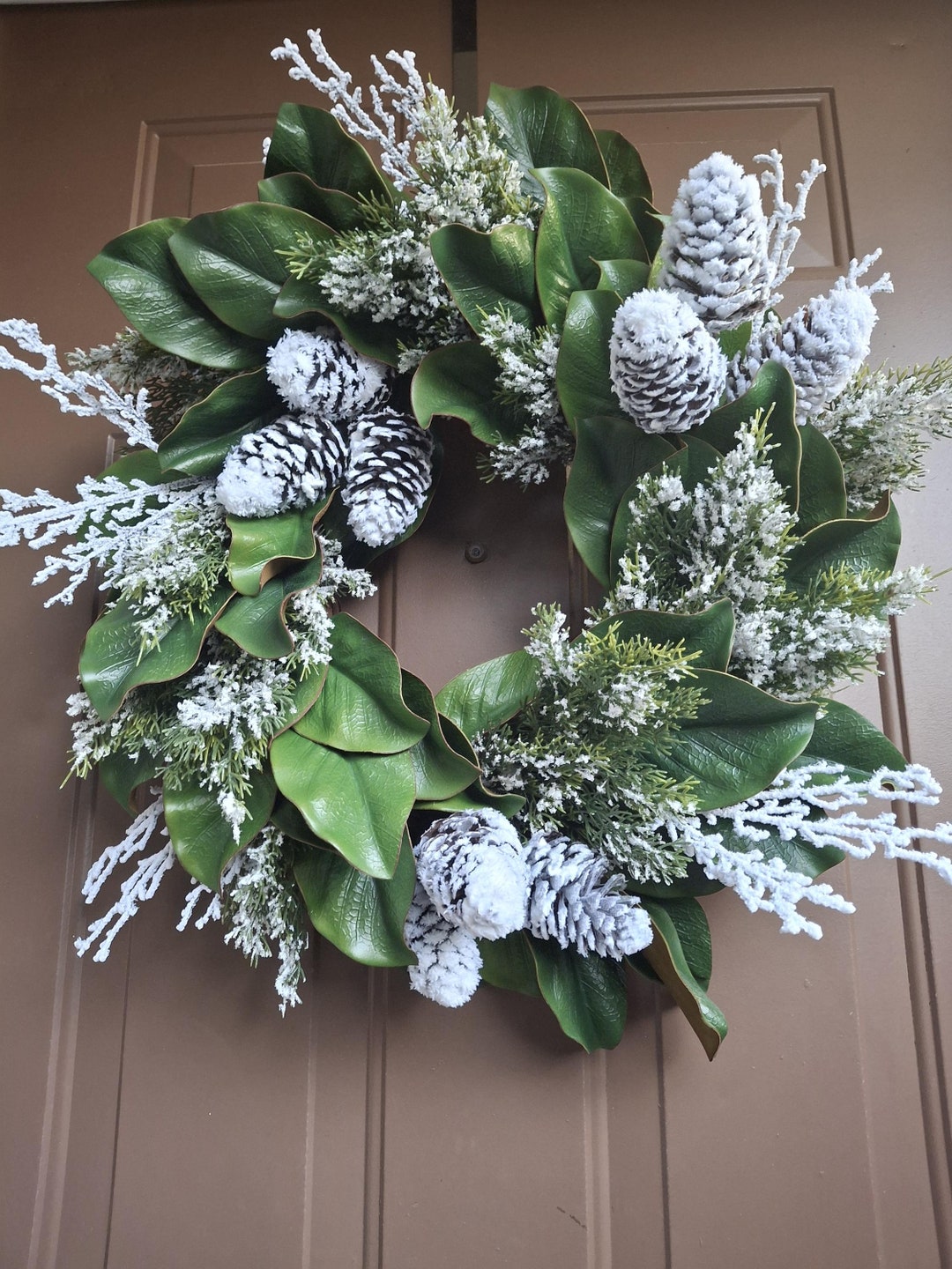 Winter Magnolia Wreath, Flocked Juniper Wreath With Flocked Pinecones ...
