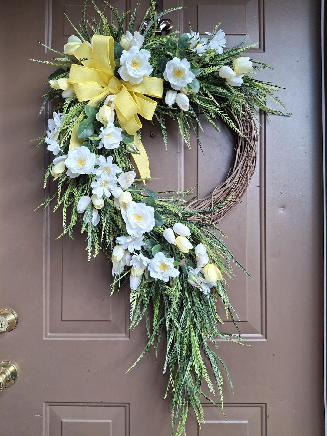 Cascading Sawgrass Greenery Yellow Flower Spring Front Door Wreath With ...