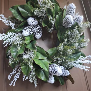 Winter Magnolia Wreath, Flocked Juniper Wreath With Flocked Pinecones ...