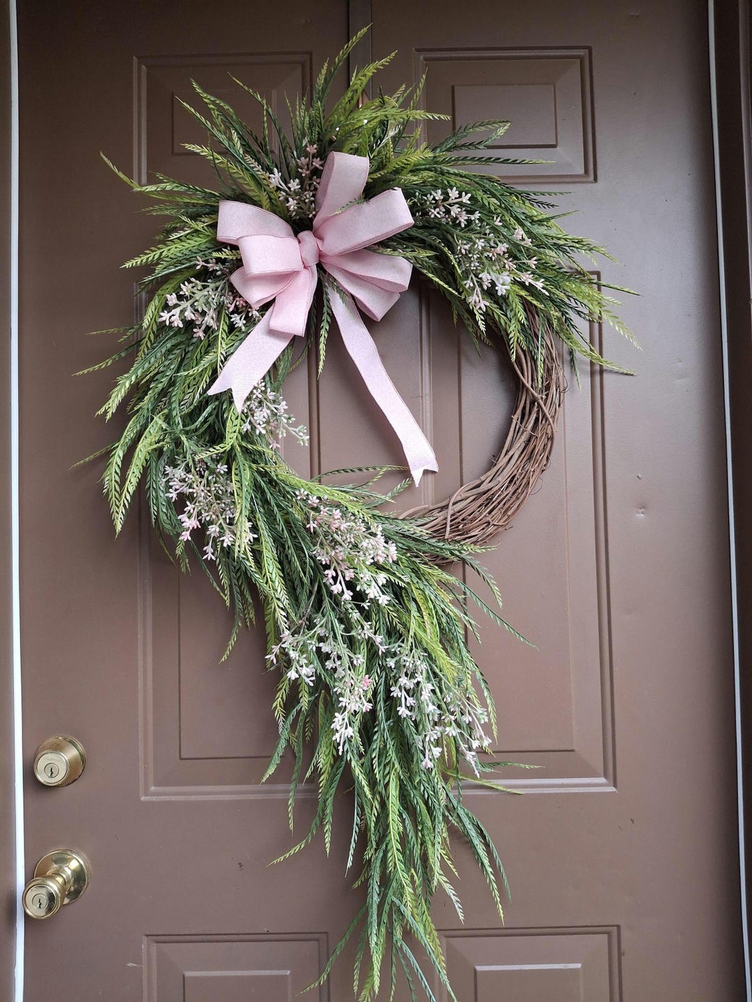 Cascading Sawgrass Greenery Front Door Wreath With Pink Ribbon and ...