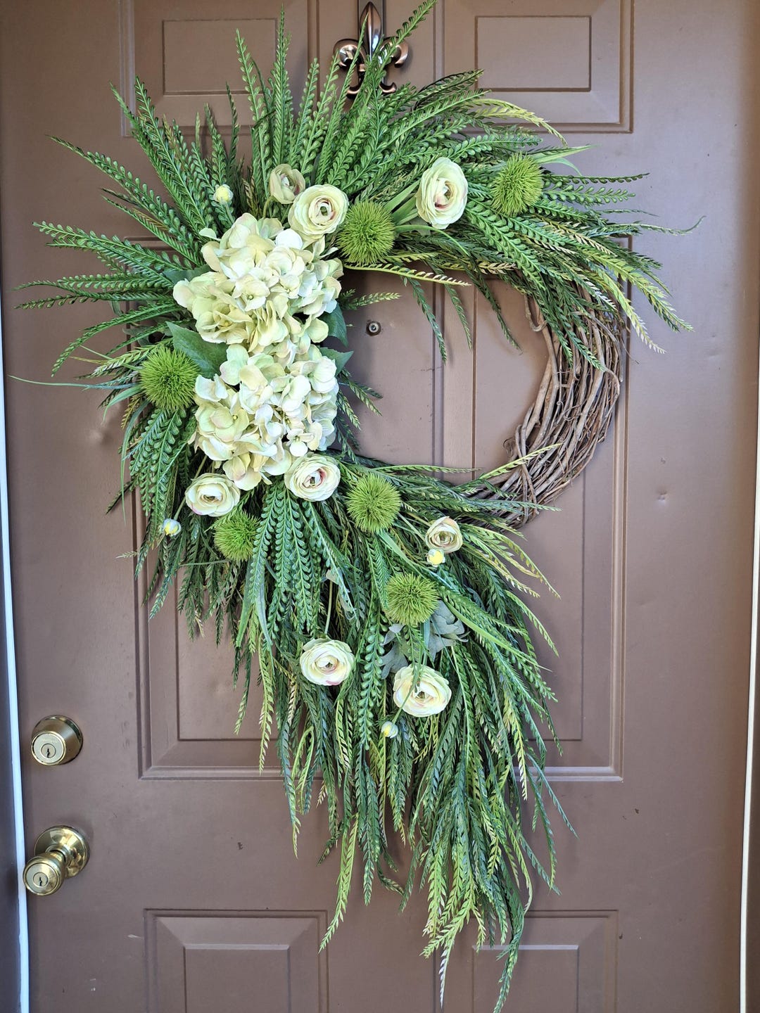 Cascading Sawgrass Front Door Wreath With Green Hydrangeas, Elegant ...