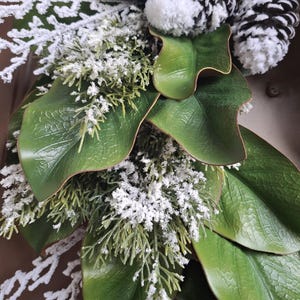 Winter Magnolia Wreath, Flocked Juniper Wreath With Flocked Pinecones ...