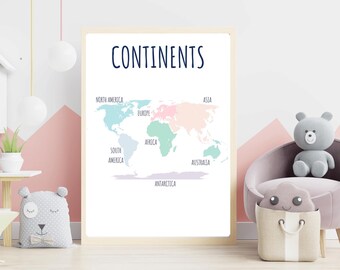 Kids Continents Poster, Montessori Colored Continent Map, Educational ...