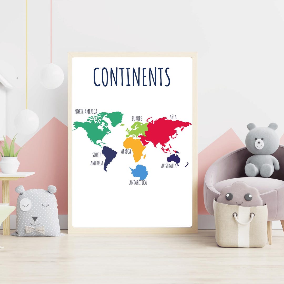 Kids Continents Poster Montessori Colored Continent Map Educational ...