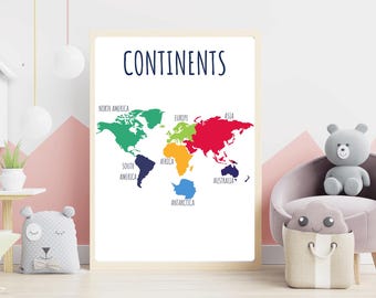 Kids Continents Poster, Montessori Colored Continent Map, Educational ...