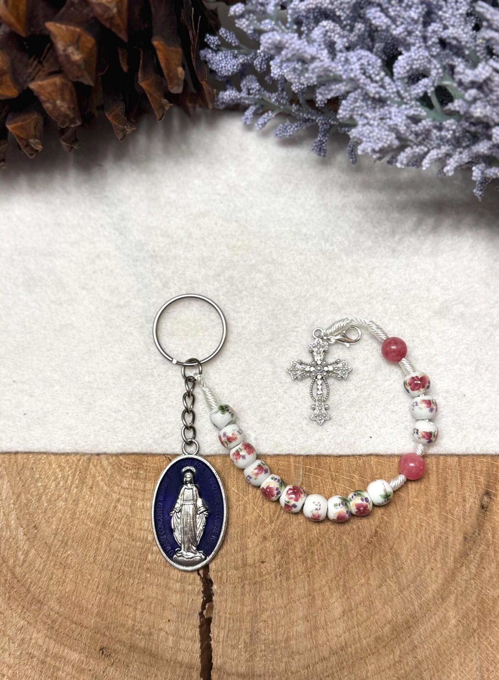 Miraculous Mary Medal Keychain With Single Decade Rosary Beads. - Etsy