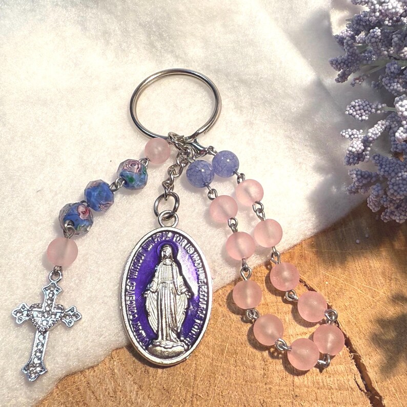 Miraculous Mary Medal Keychain With Single Decade Rosary Beads. - Etsy