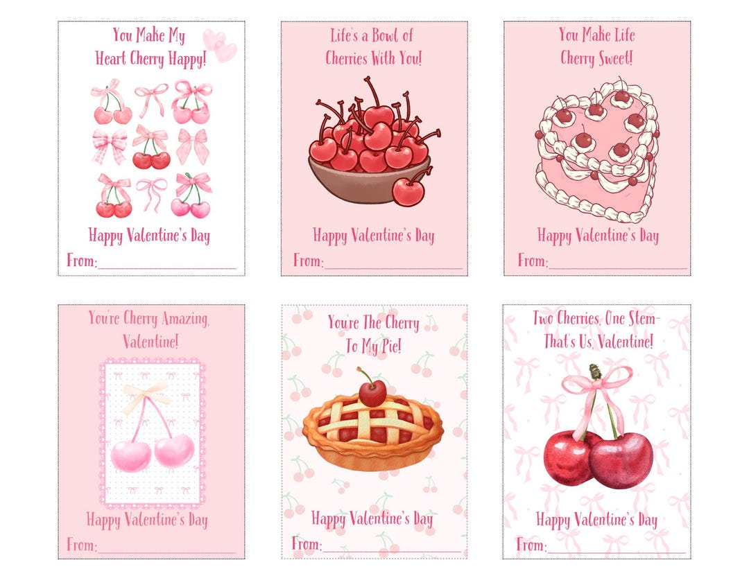 Printable Valentine’s Day Cards - Cherry-themed PDF Download for Kids ...
