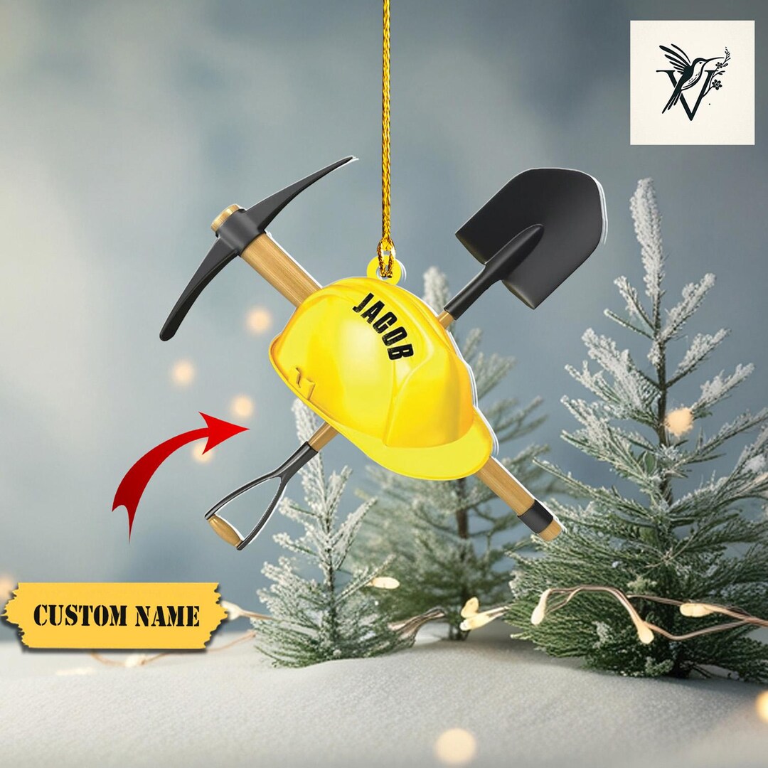Custom Name Mining Ornament 2D, Hard Hat With Pickaxe and Shovel Design ...