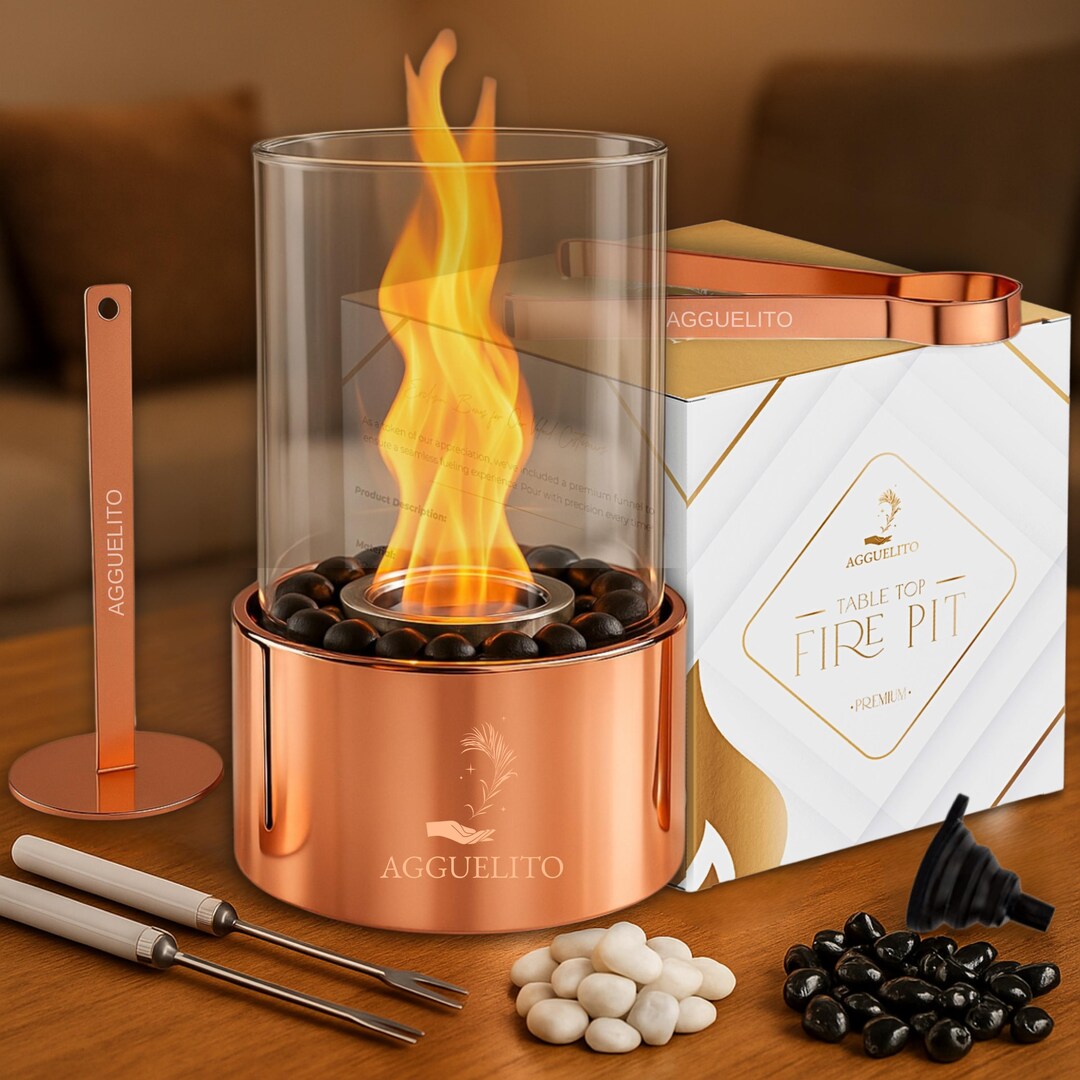Rose Gold Tabletop Fire Pit With Glass Stones, Indoor Outdoor Fireplace ...