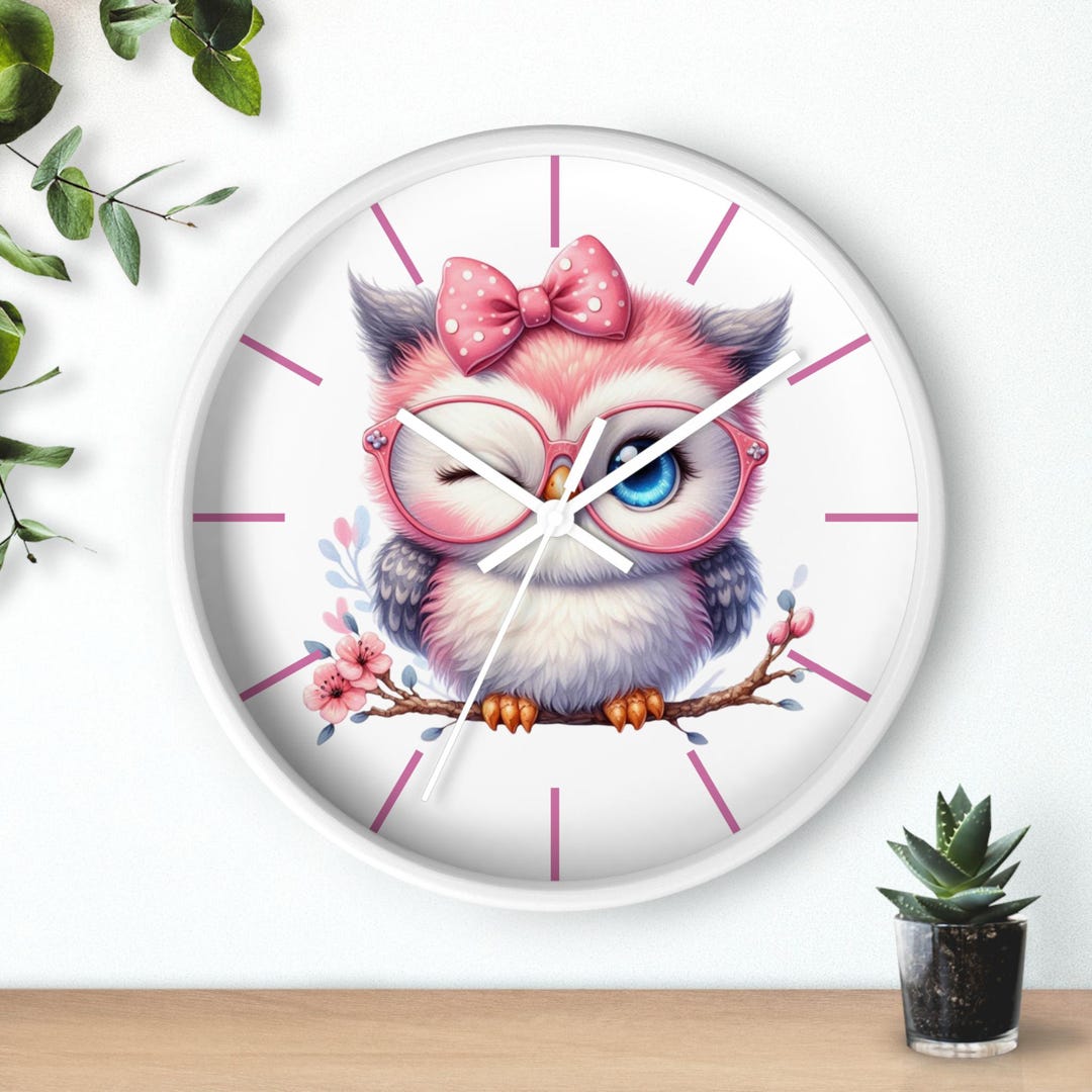 Cute Pink Owl Wall Clock 10 Round Wooden Frame in Black or White ...