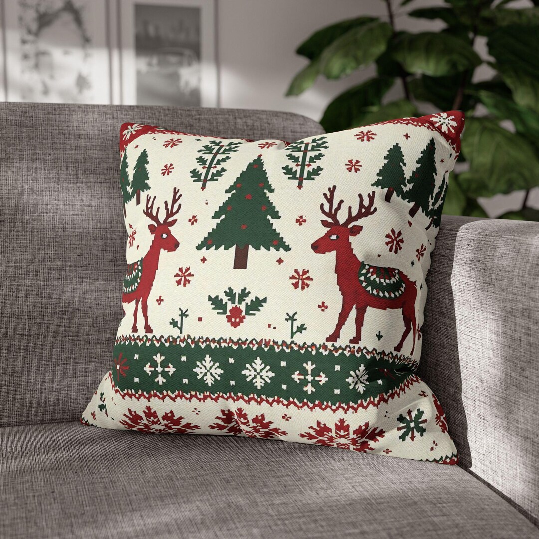 Nordic Reindeer Trees Christmas Pillow Cover, Scandinavian Red & Green ...