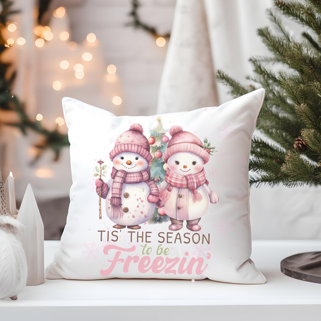 Double-sided Pink Christmas Pillow, Snowman & Pink Candy Cane Stripes ...
