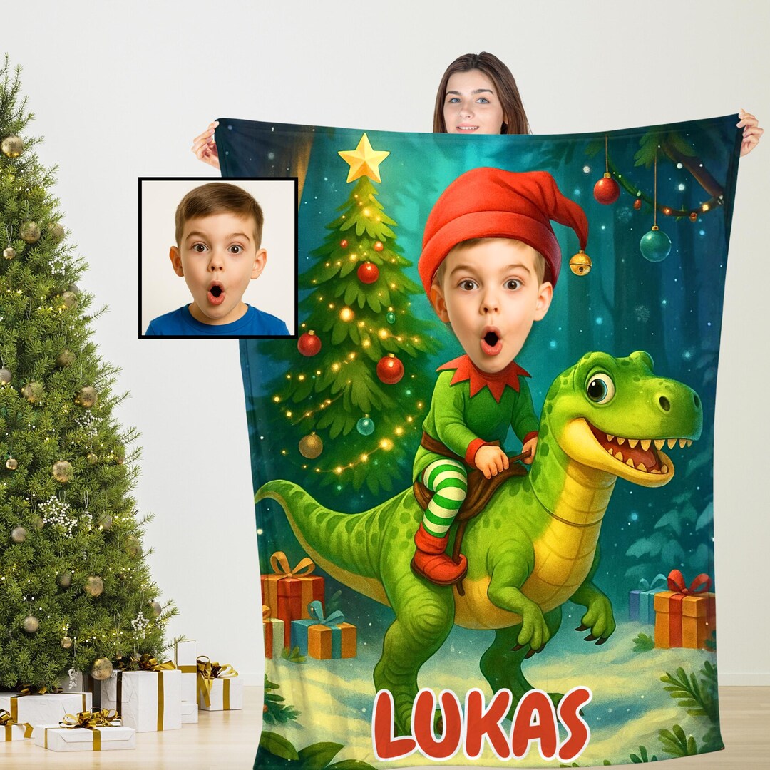 Personalized Christmas Elf Dinosaur Blanket With Child’s Face & Name ...