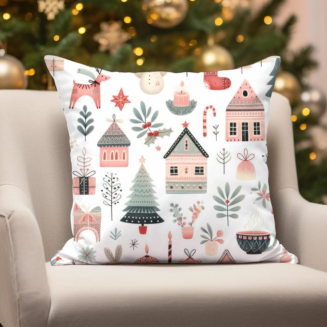 Scandinavian Christmas Village Pillow Cover, Nordic Folk Art Decor ...