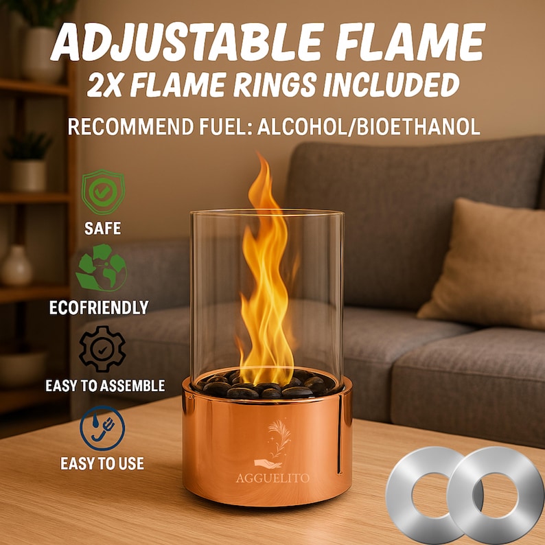 Rose Gold Tabletop Fire Pit With Glass Stones, Indoor Outdoor Fireplace ...