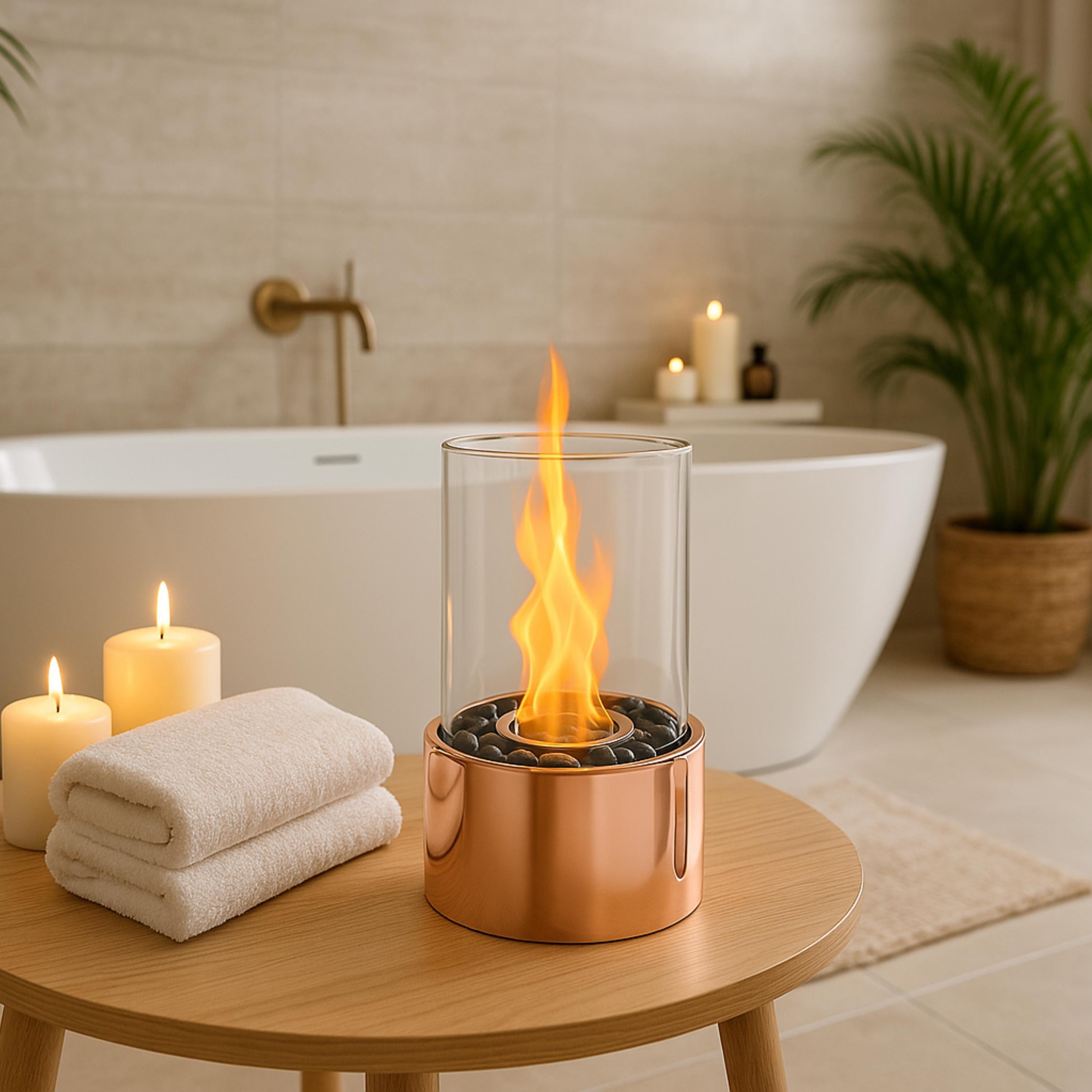 Rose Gold Tabletop Fire Pit With Glass Stones, Indoor Outdoor Fireplace ...