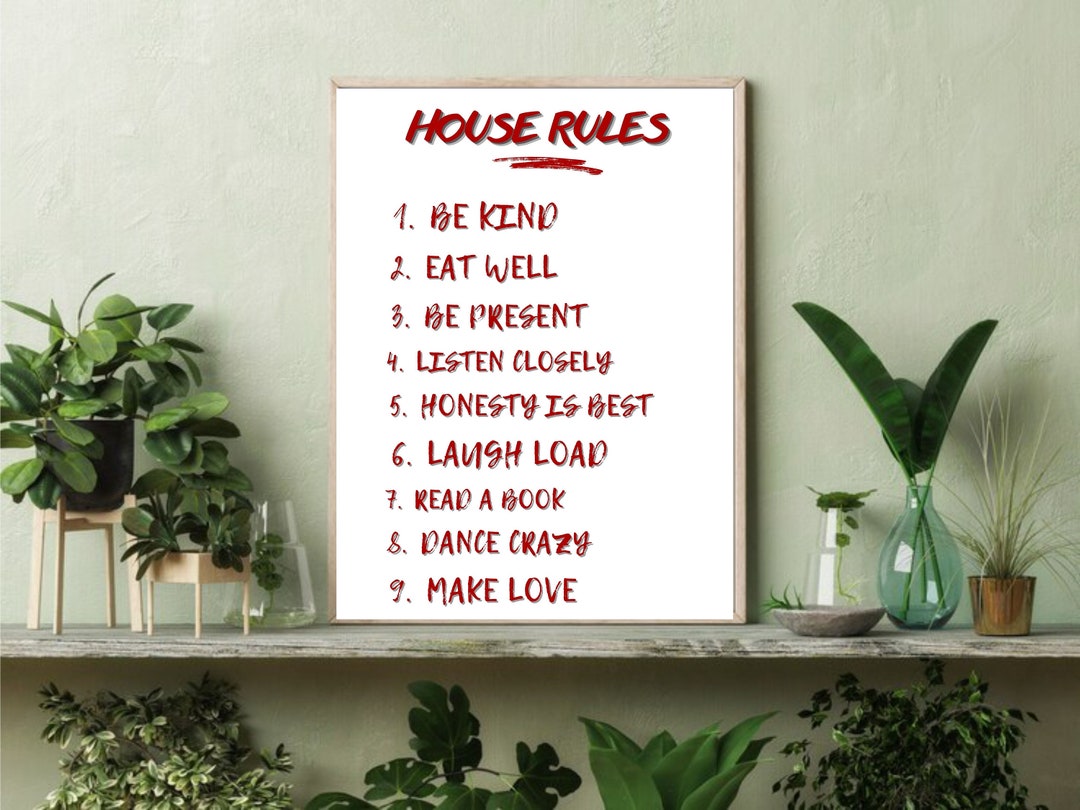 Digital Download House Rules Art Print Light Red Art Trendy Home Decor ...