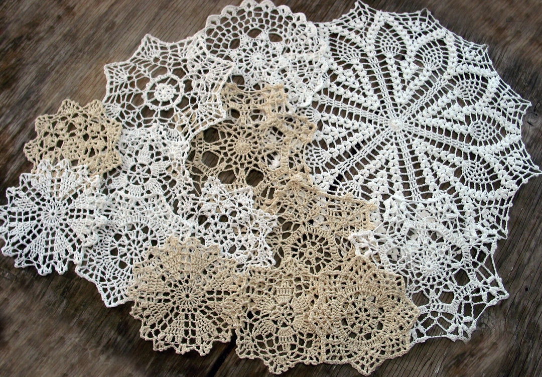 Lot of 14 Hand Crochet Doily 5"-7"-15" RD for Cottage/victorian/shabby ...
