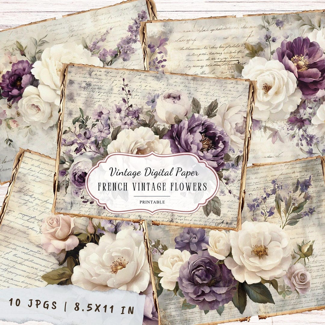 Vintage Roses Paper Pack, French Floral Purple Printable, Shabby Chic 8 ...